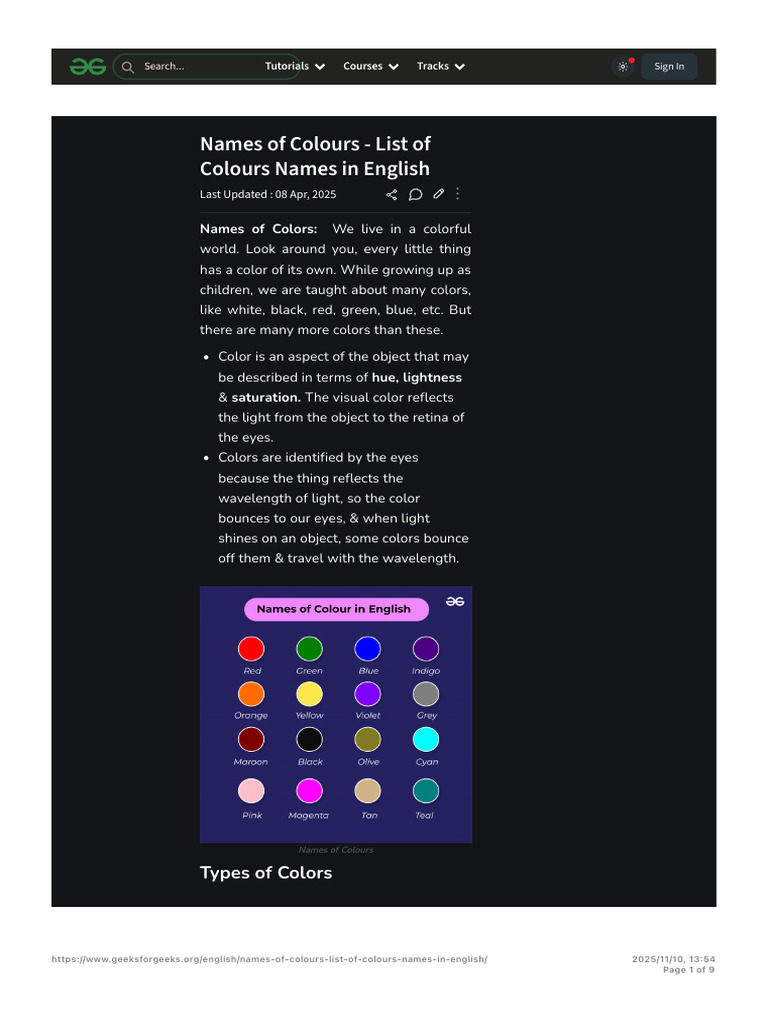 Names of Colours - List of Colours Names in English - GeeksforGeeks | PDF