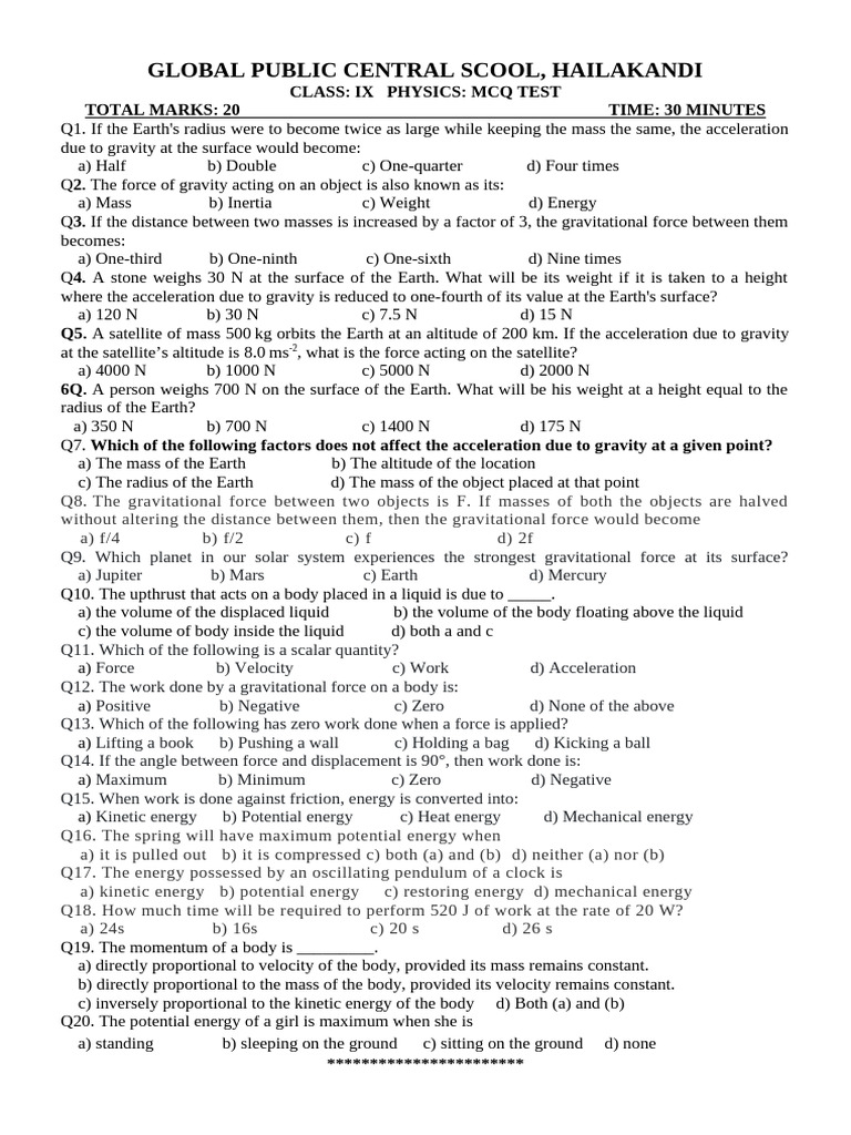 Class9 MCQ Test | PDF | Force | Weight