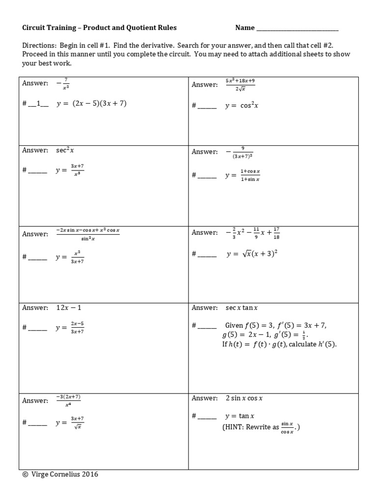 Unit 2 Circuit Training Productand Quotient Rules | PDF | Subtraction ...