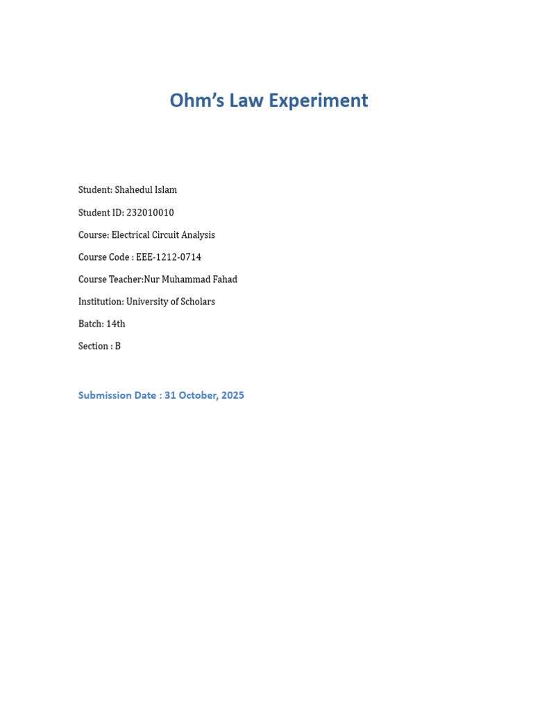 Ohms Law Lab Report-2 | PDF | Electrical Network | Resistor