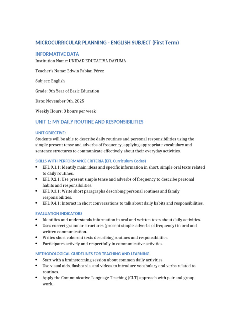 Microcurricular Planning English 9th Grade First Term | PDF ...