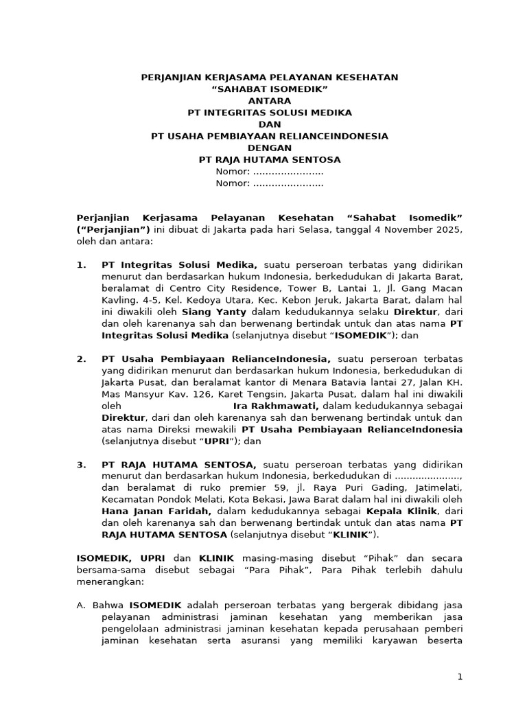 Kerjasama Pelayanan Kesehatan Isomedik | PDF