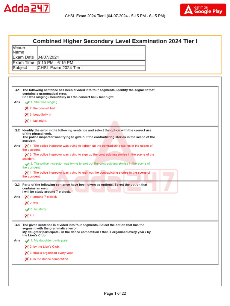 CHSL Exam 2024 Tier I English Questions | PDF | Circle | Angle