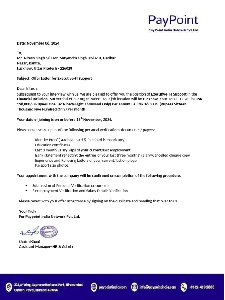 Offer Letter - Rishabh Dixit - 251031 - 150557 | PDF