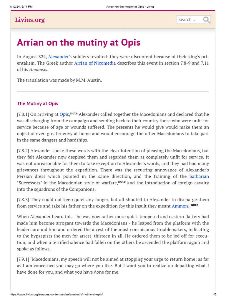 Arrian On The Mutiny at Opis - Livius | PDF | Macedonia (Ancient Kingdom)