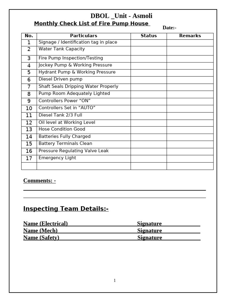 Monthly Fire Pump House Checklist - Asmoli | PDF