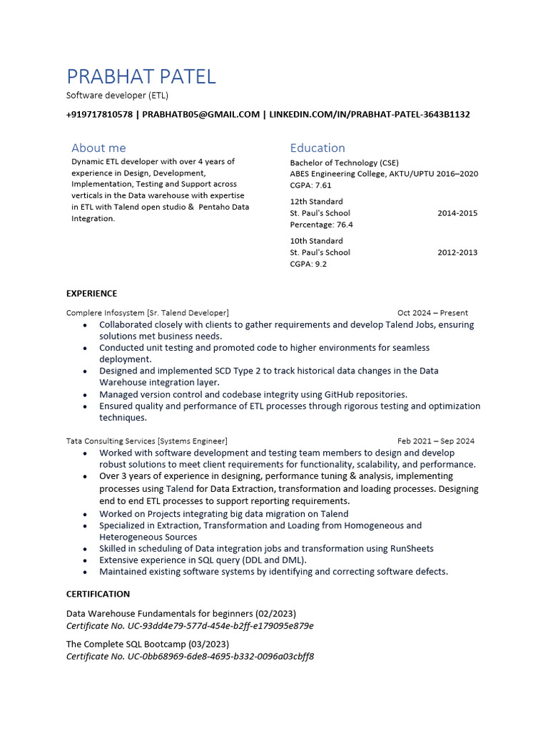 Resume Prabhat Patel | PDF | Data Warehouse | Software Bug