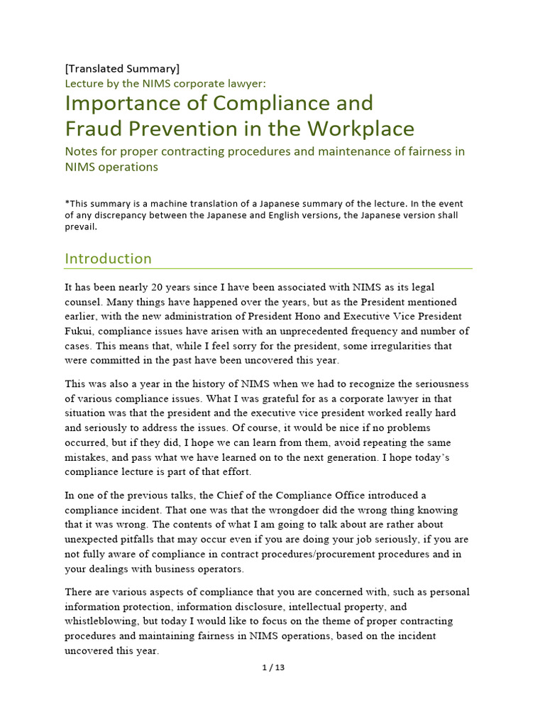 05.importance of Compliance and Fraud Prevention in The Workplace | PDF ...