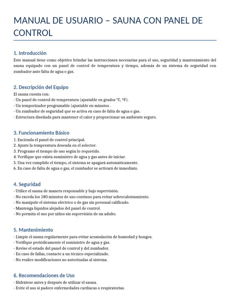 Manual de Usuario para Sauna con Control | PDF