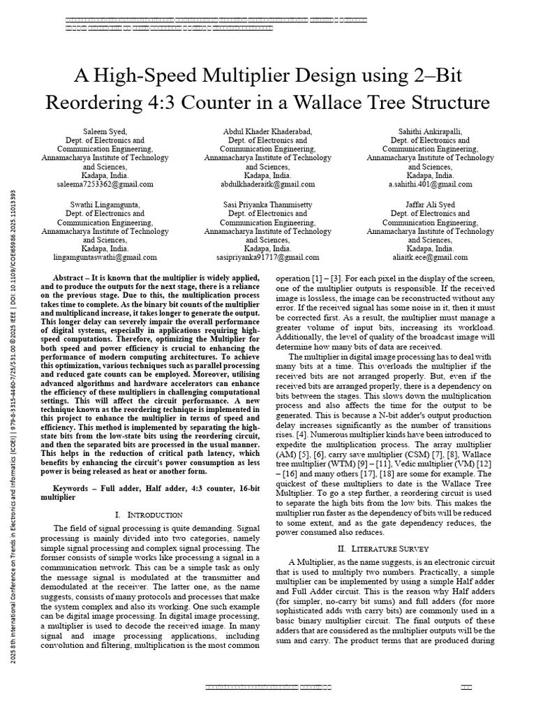 A High-Speed Multiplier Design Using 2bit Reordering 43 Counter in A ...