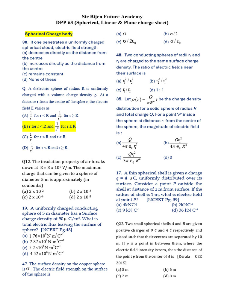 DPP 63 - Electrostatics (E Due To Spherical, Linear & Plane Sheet) | PDF | Sphere | Electric Field