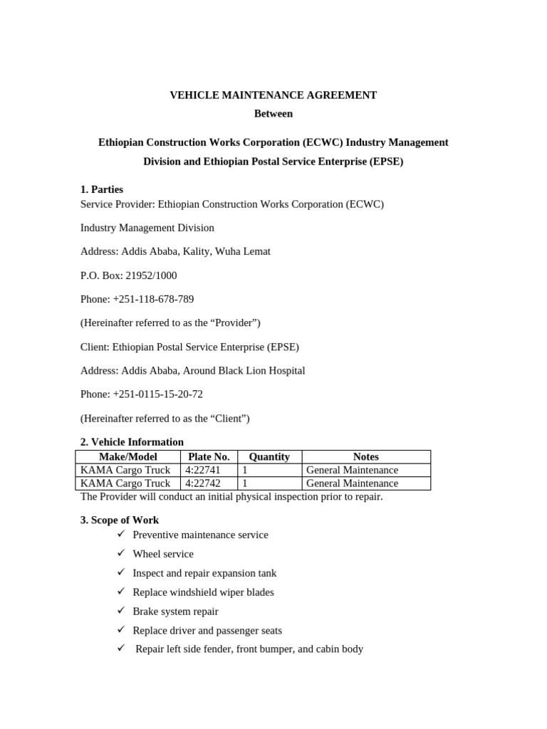 Vehicle Maintenance Agreement ECWC EPSE | PDF | Vehicle Technology ...