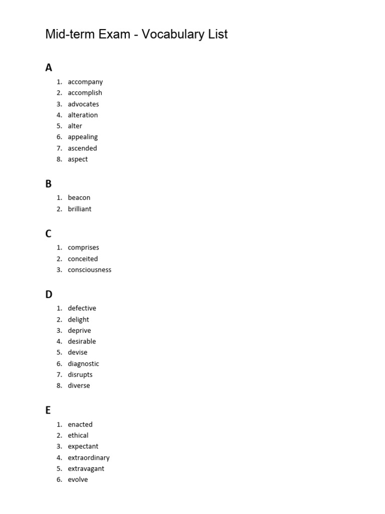 Form 2 Mid-Term Exam - Vocabulary List | PDF