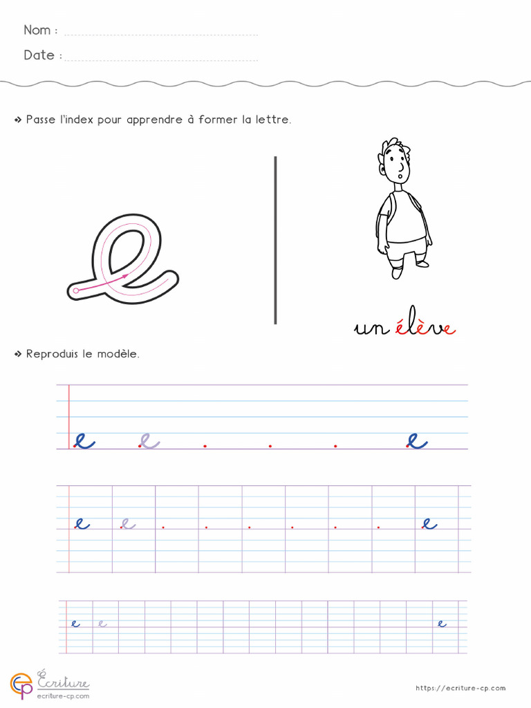 Feuille d Ecriture Cp Ecrire La Lettre e Minuscule u85h | PDF