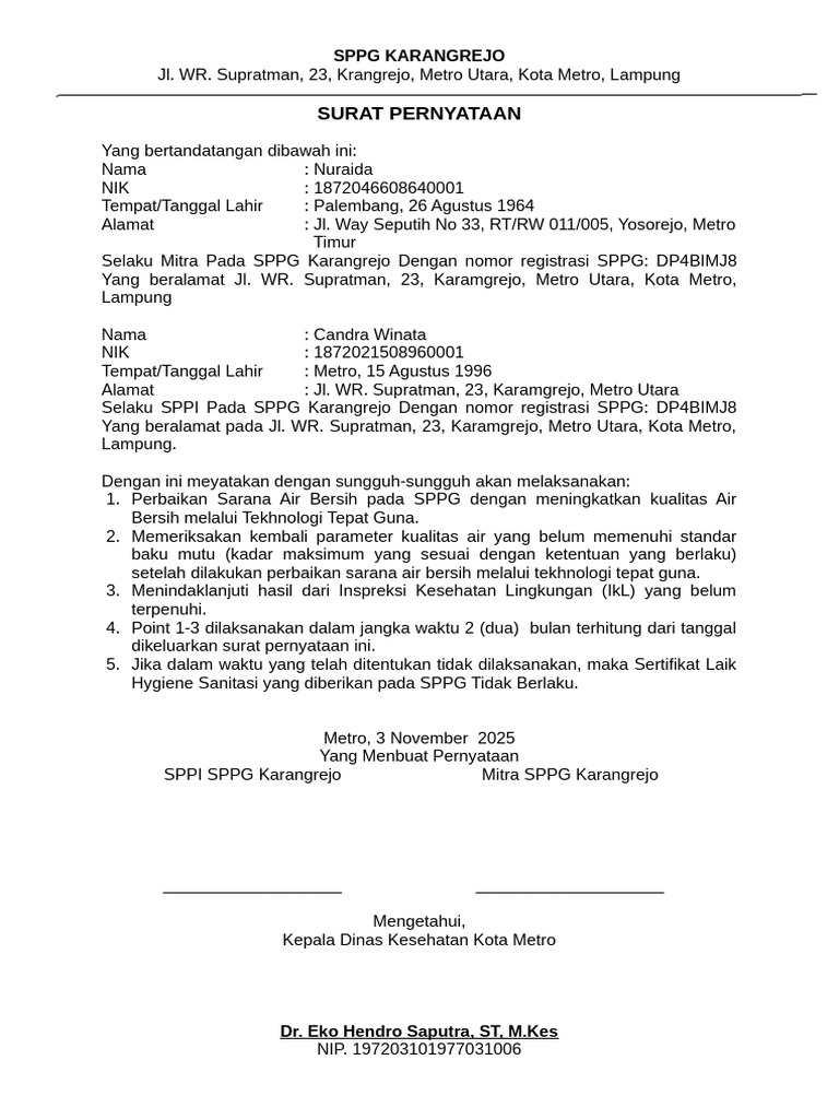 Surat Pernyataan SPPG Karangrejo | PDF