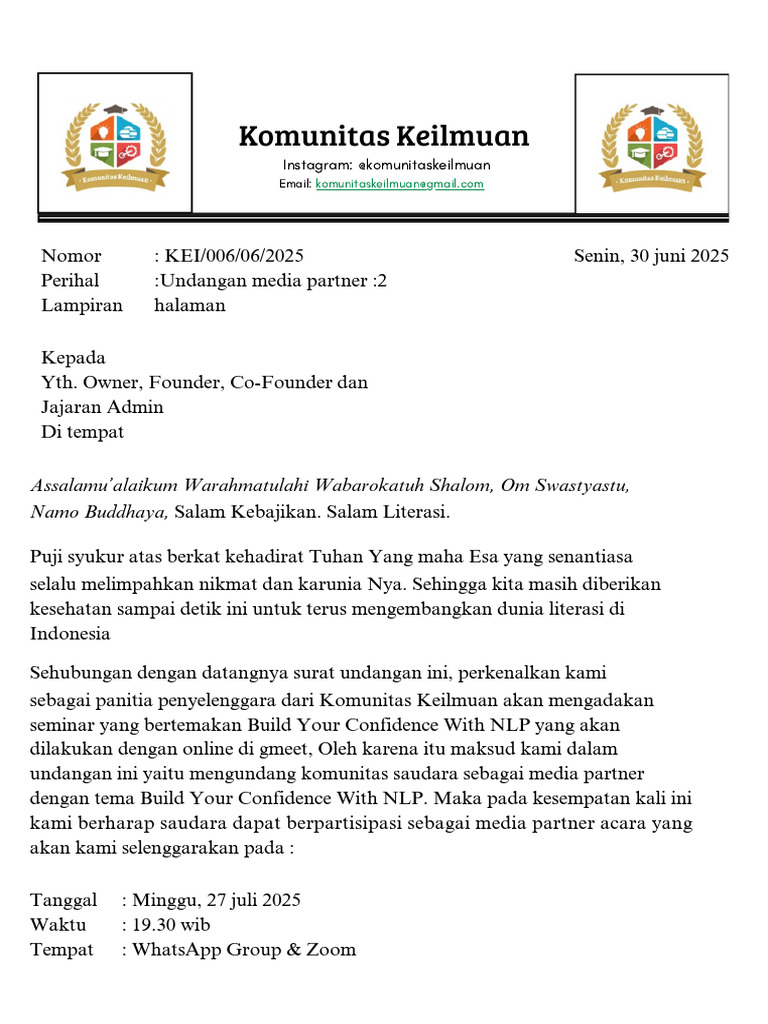 Undangan Media Partner Seminar NLP | PDF