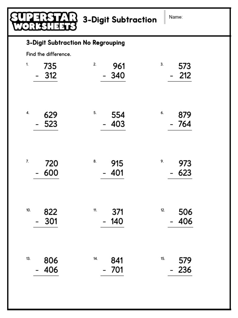 3 Digit Subtraction No Regrouping Worksheet 4 | PDF