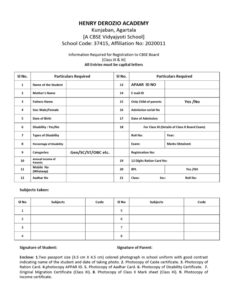 Registration Info for CBSE Class IX & XI | PDF