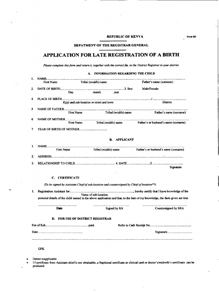 Kenya Late Birth Registration Form | PDF