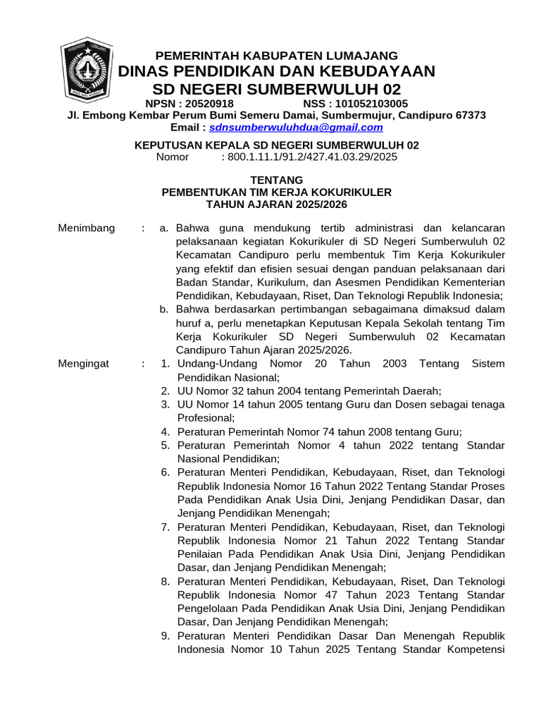 SK Tim Kerja Kokurikuler | PDF