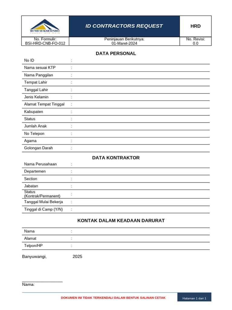 Formulir Permintaan Kontraktor HRD | PDF