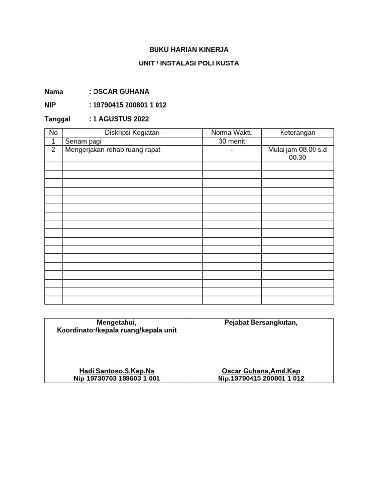 Buku Harian Kinerja Agustus | PDF