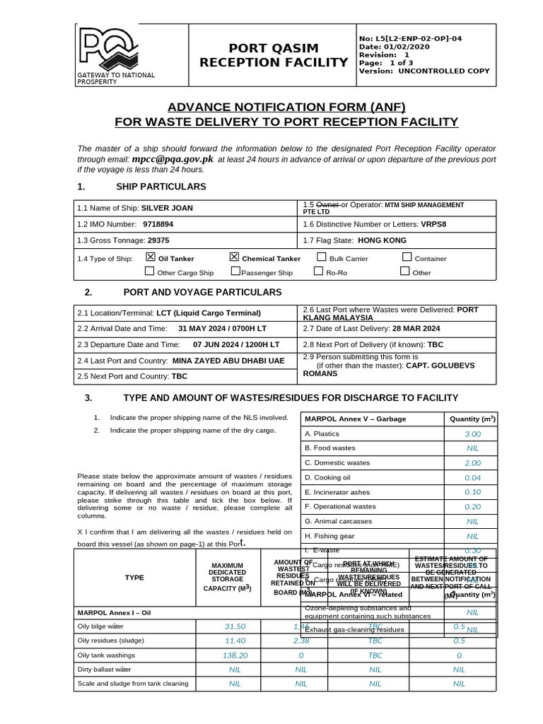 ANF Form Waste Delivery Receipt | PDF | Port | Shipping