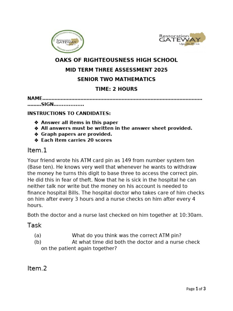 Mid Term 3 Assessment 2025 | PDF | Graph Theory | Mathematical Relations