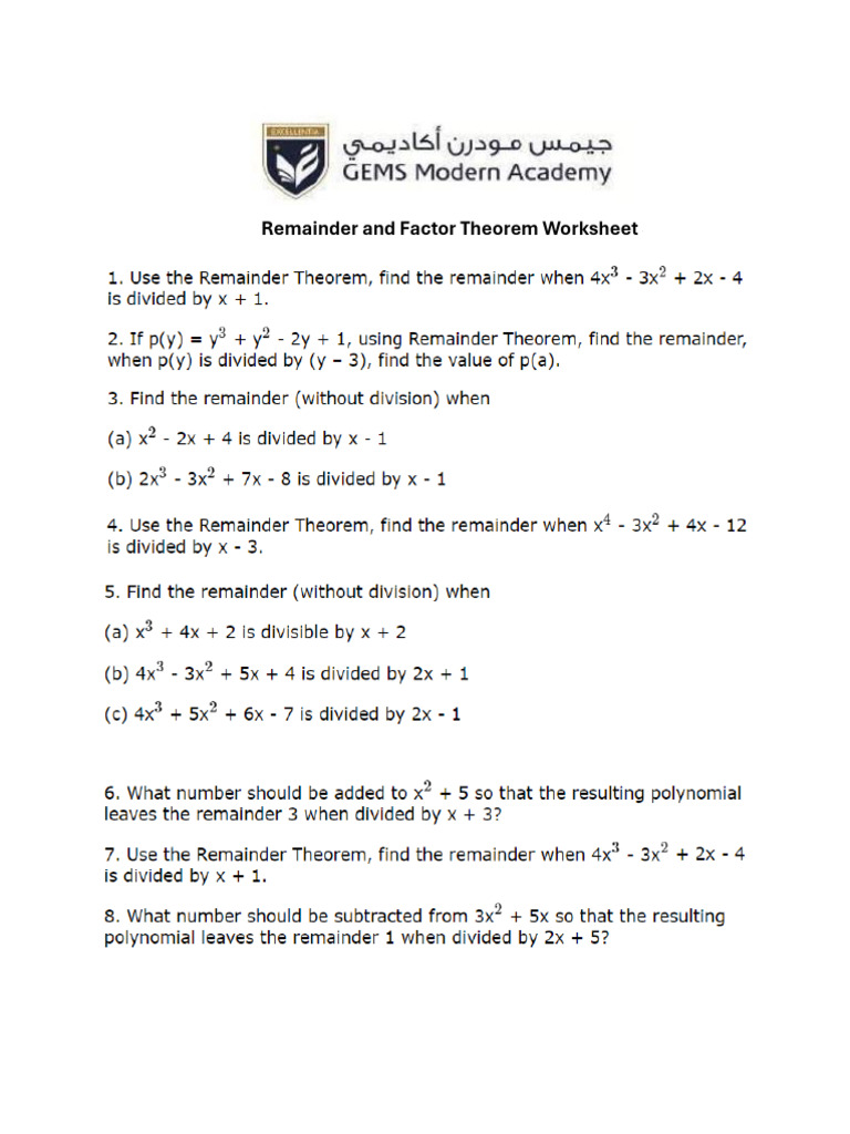 Remainder and Factor Theorem Worksheet | PDF