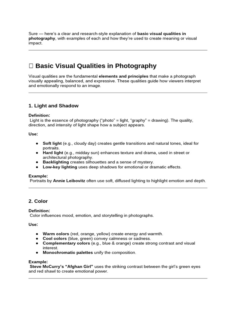 Essential Visual Qualities in Photography | PDF | Composition (Visual ...