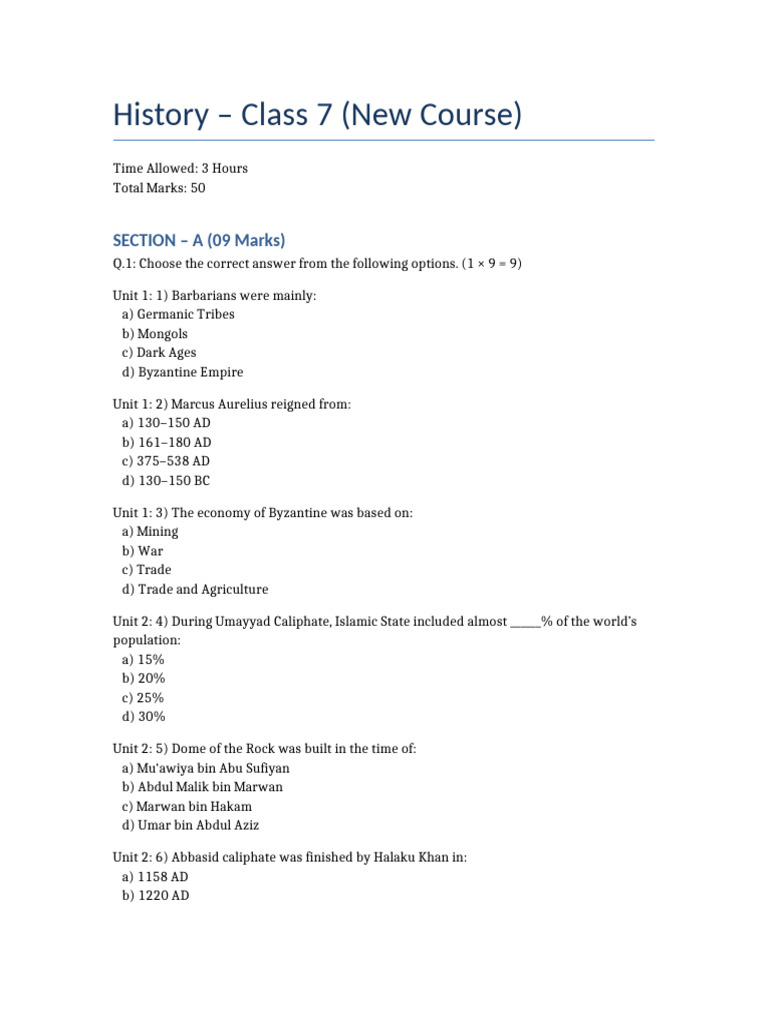 History Class7 Exercise Based Paper With Units | PDF