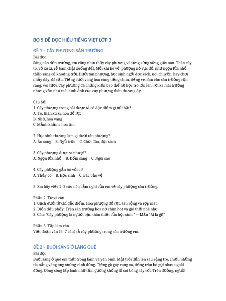 Bo 5 de Doc Hieu Tieng Viet Lop 3 | PDF