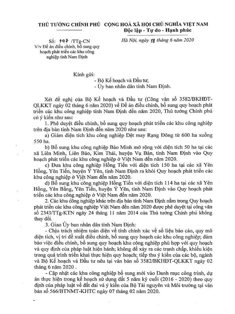 Cong Van 747 Quy Hoach Khu Cong Nghiep Tinh Nam Dinh | PDF