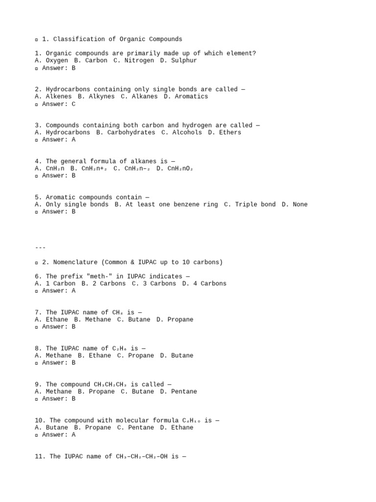 Organic Compounds Classification Quiz | PDF | Isomer | Alkane