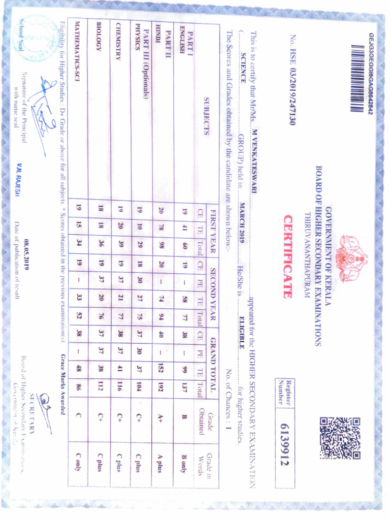 12th Mark Sheet | PDF | Educational Stages | Qualifications