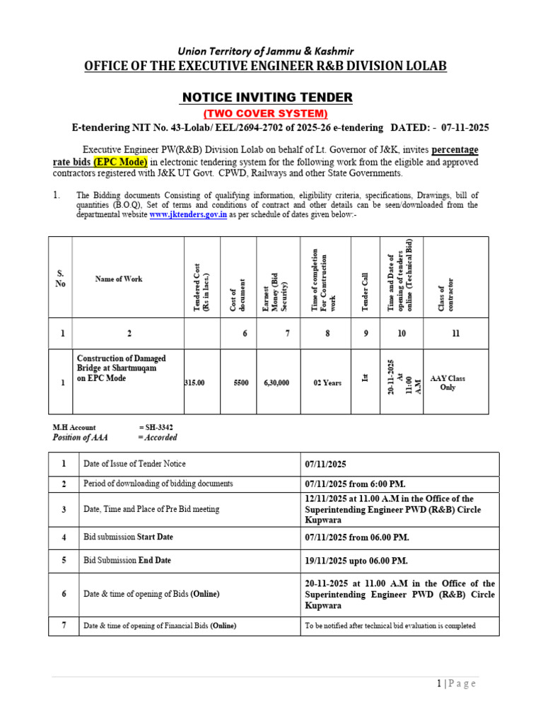 Jammu & Kashmir Bridge Construction Tender | PDF | Employment | Labour Law