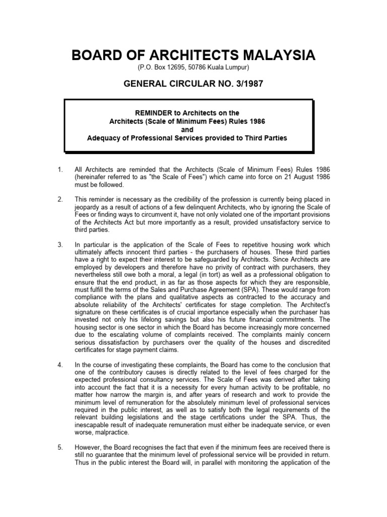 1987 No 3 Reminder To Architects On The Architects (Scale of Minimum ...