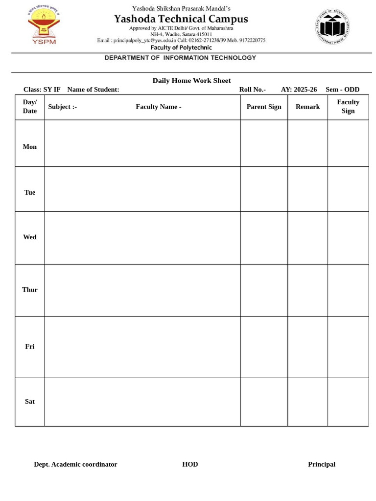 Daily Home Work Sheet SY If | PDF