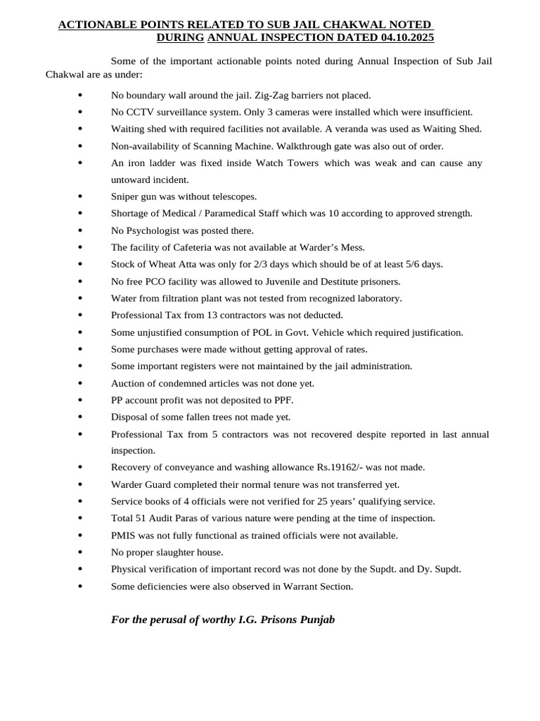 Actionable Points Annual Inspection Sub Jail Chakwal | PDF