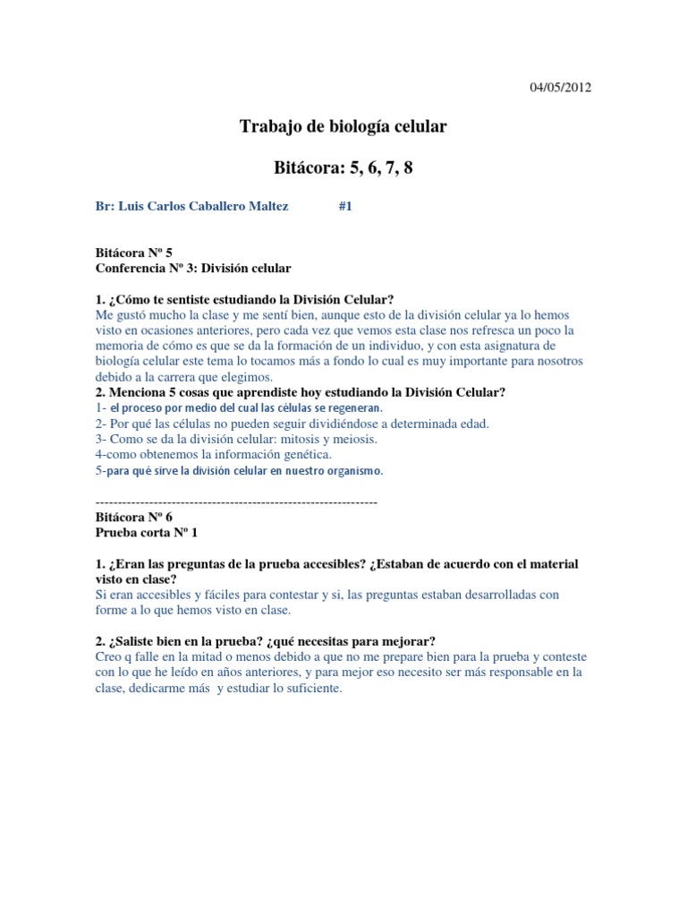 Trabajo Bitacoras | PDF | Mitosis | Biología Celular)