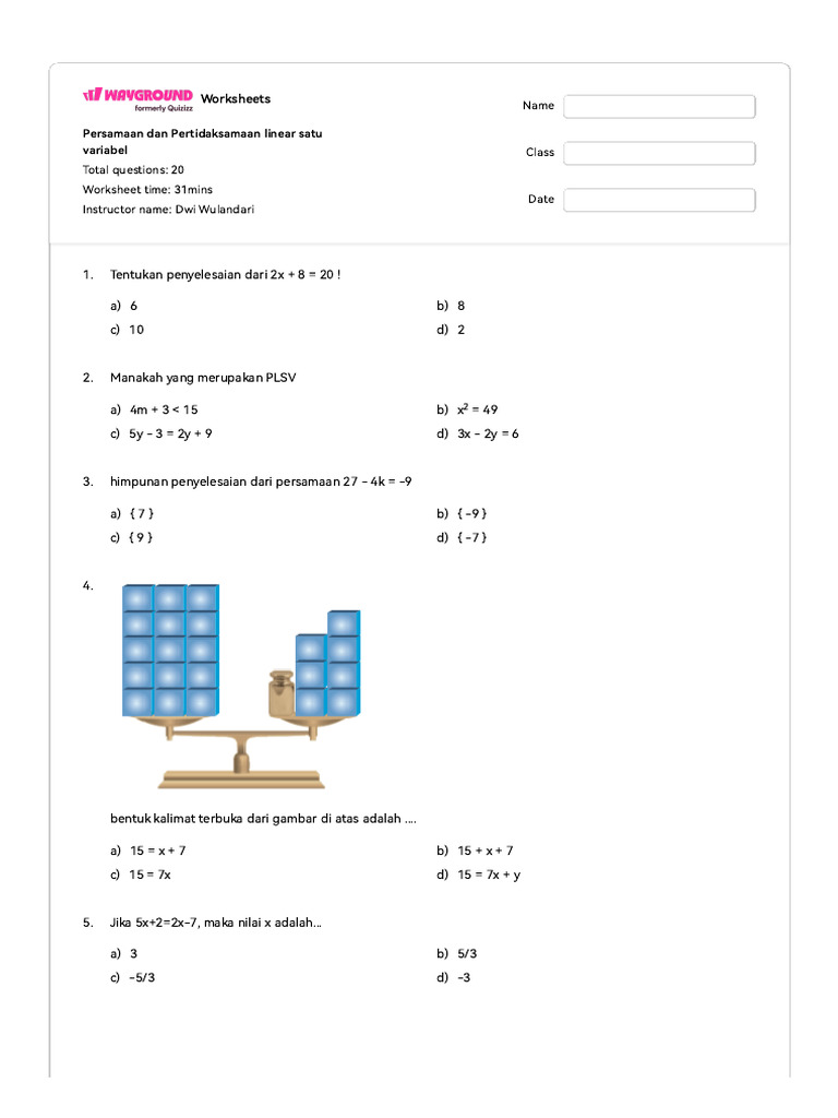 Worksheet Persamaan Linear Satu Variabel | PDF