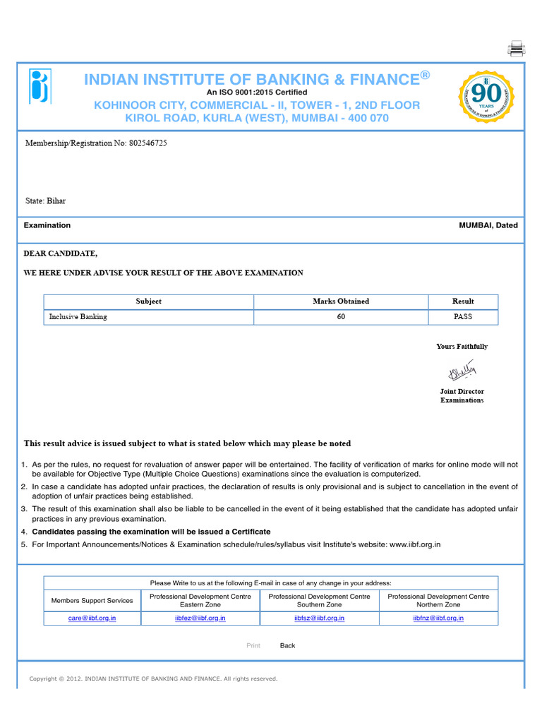 Examination Result: Inclusive Banking Pass | PDF