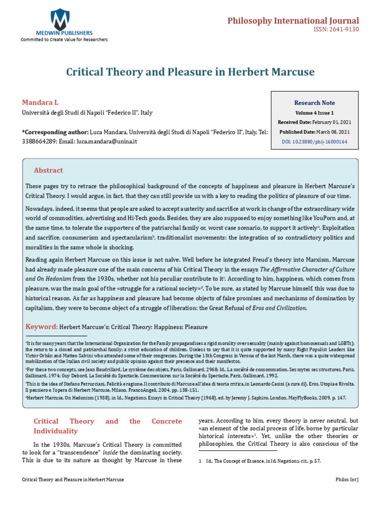 Pleasure in Marcuse's Critical Theory | PDF | Hedonism | Pleasure