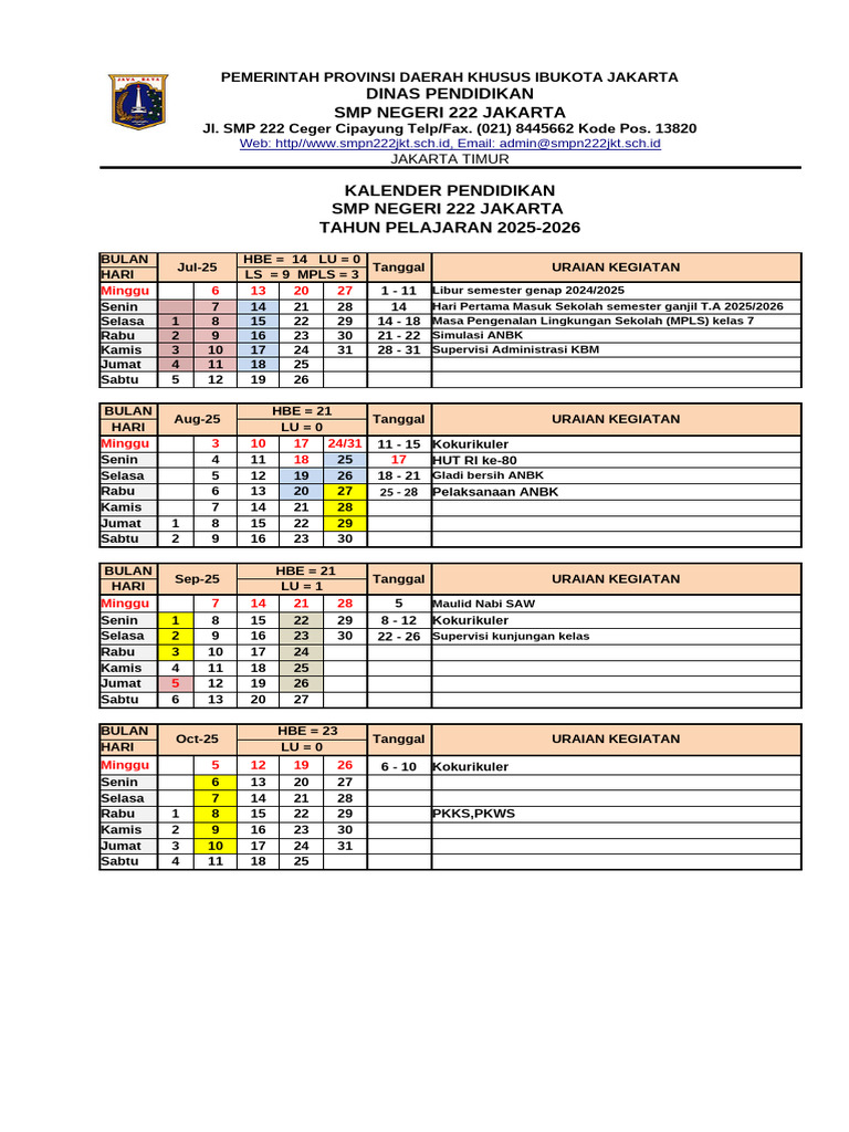 Kalender Pendidikan SMPN 222 Jakarta 2025-2026 | PDF