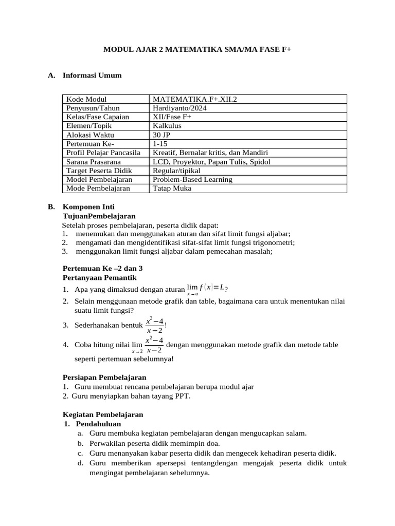 Modul Ajar 2 Matematika Lanjut Nilai Limit | PDF
