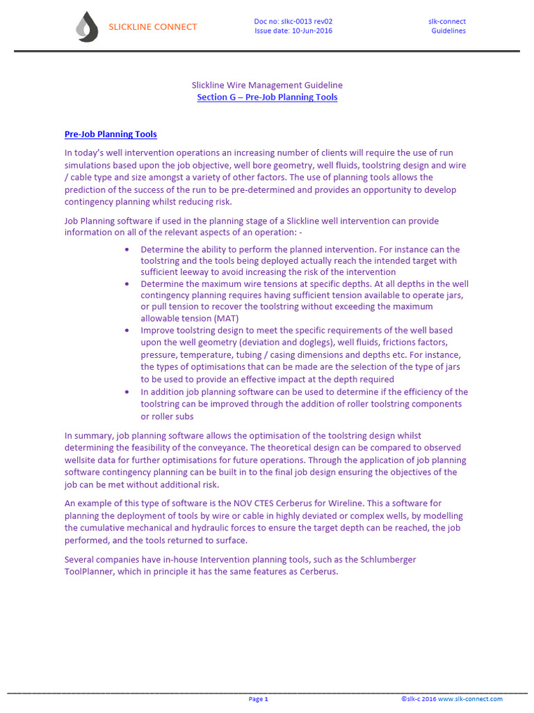 Section G Slickline Wire Pre Job Planning Tools Rev02 | PDF