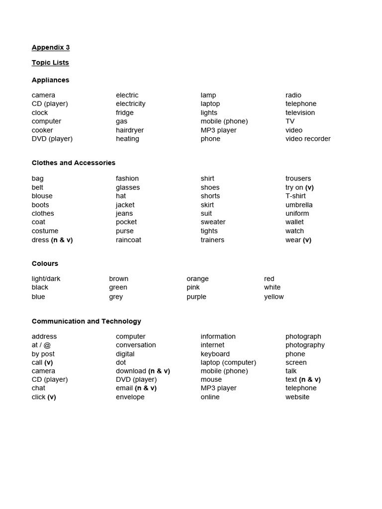 KET Vocabulary List | PDF | Lunch