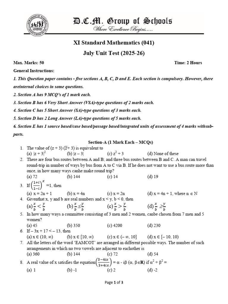 Xi STD - Mathematics (11th July) | PDF | Mathematics