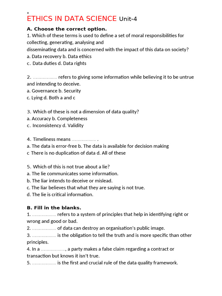 ETHICS IN DATA SCIENCE Unit | PDF | Lie | Data Quality