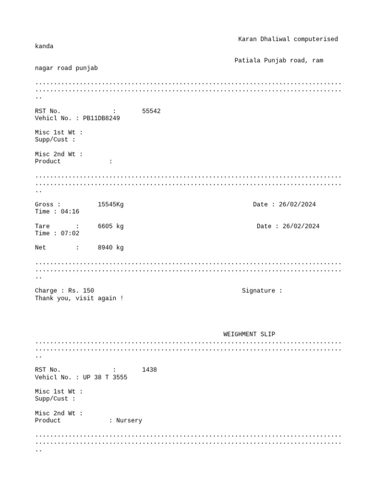 Weighment Slip Details and Charges | PDF